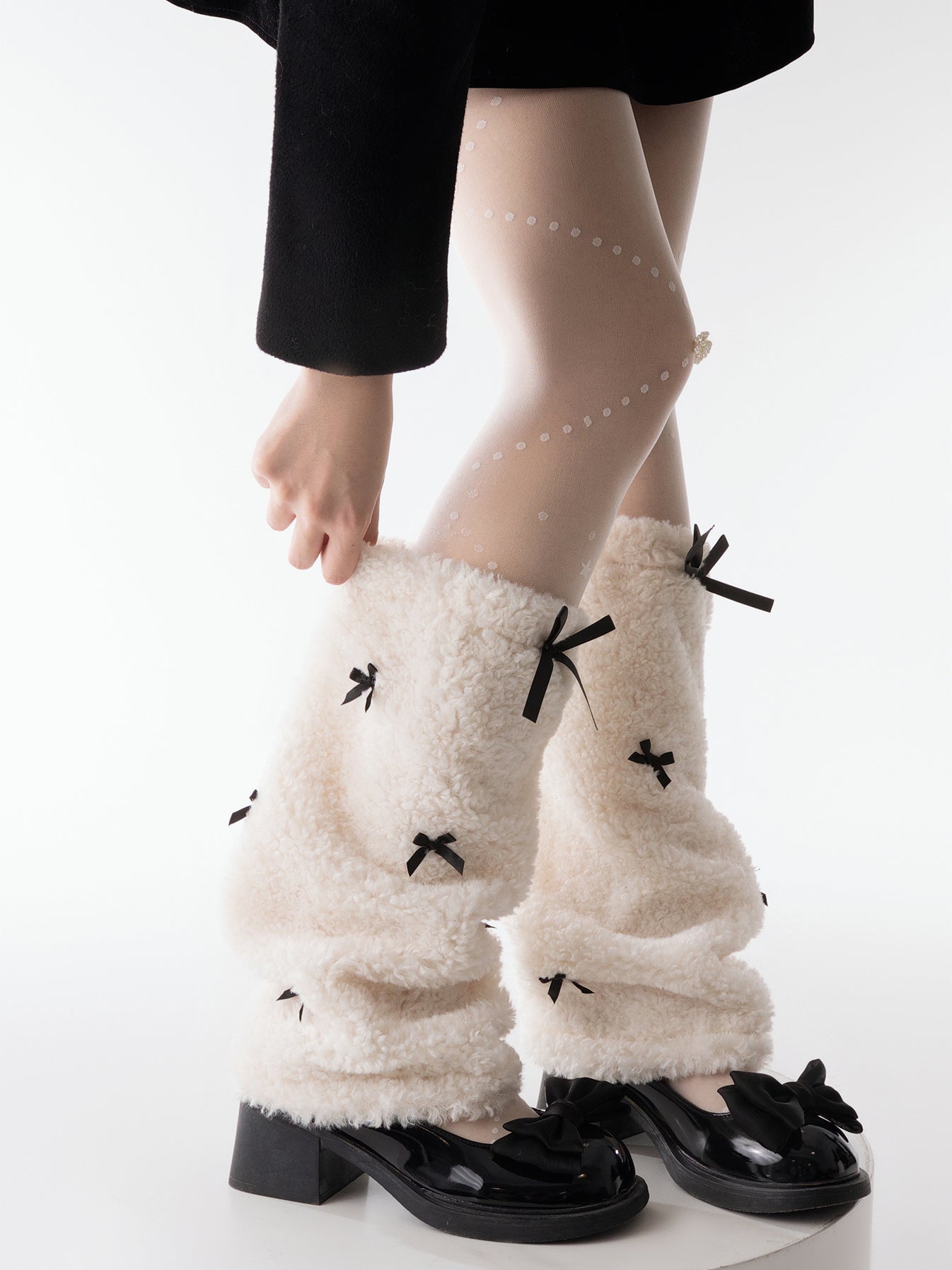 Fluffy Wool Black Bow Coquette White Warm Leg Warmers – Sugarplum Store
