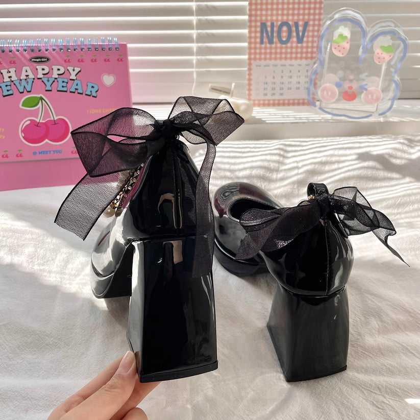 Mary Jane Bow Pearl Retro Classic Black White High Heels Shoes ...