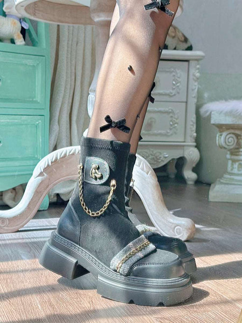 Pinky Dark Academia Winter Chains Black Brown Boots Shoes – Sugarplum Store