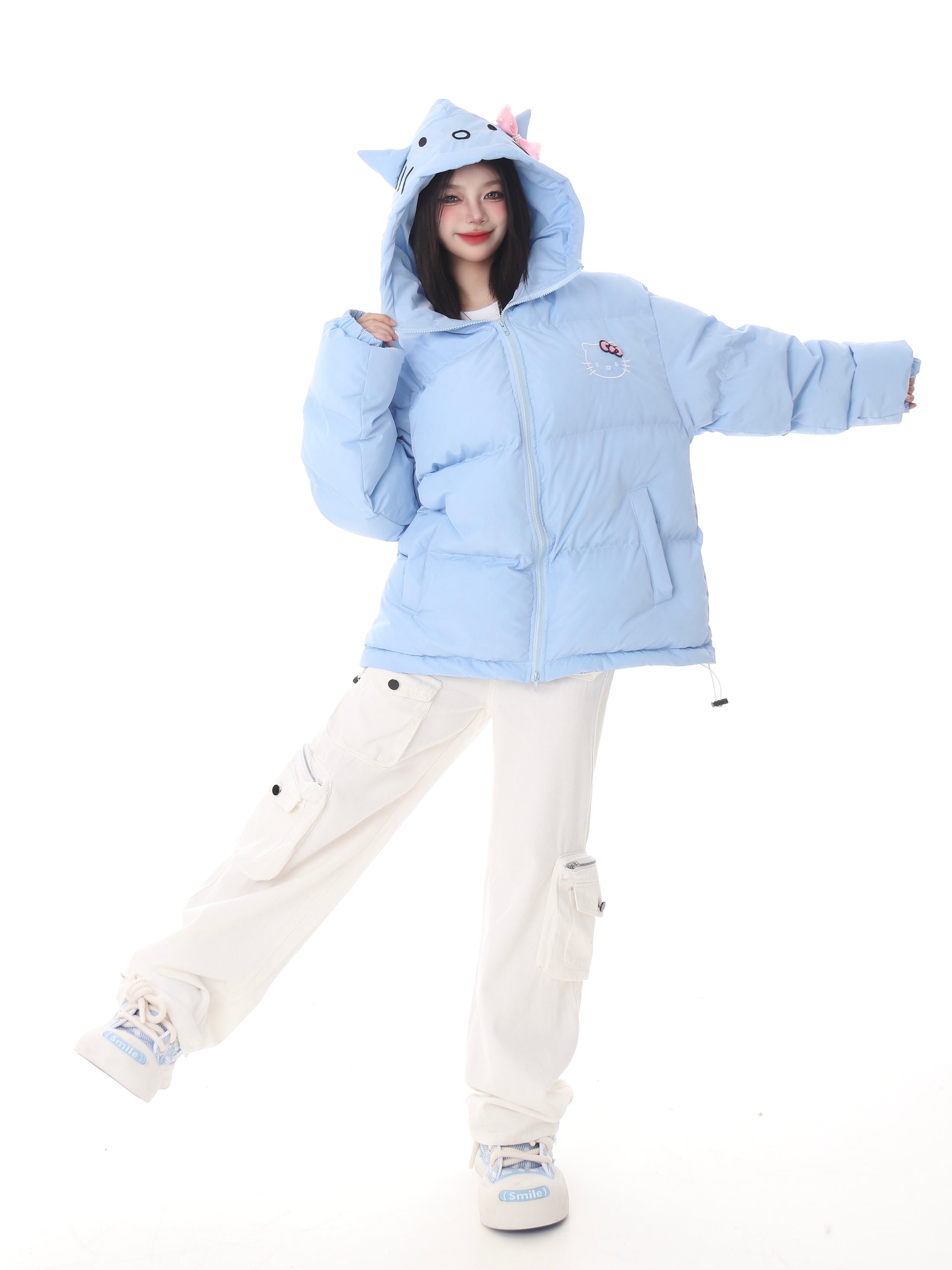 Pink White Blue Cartoon Kitty Cat Winter Thick Padded Puffer Jacket ...