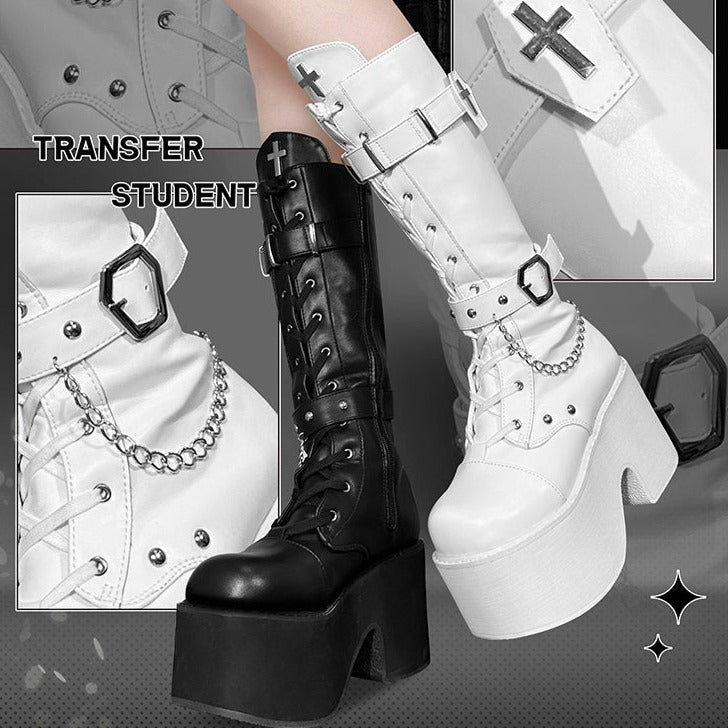 Transfer Student Vampire Shackles Cross Black White Tall Boots Shoes ...