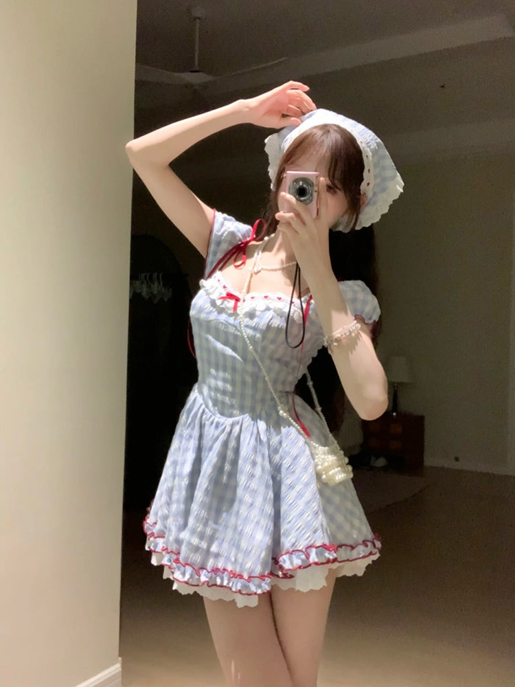 Creamy Cute Grimm's Fairy Tale Blue Plaid Puff Sleeve Dress – Sugarplum Store