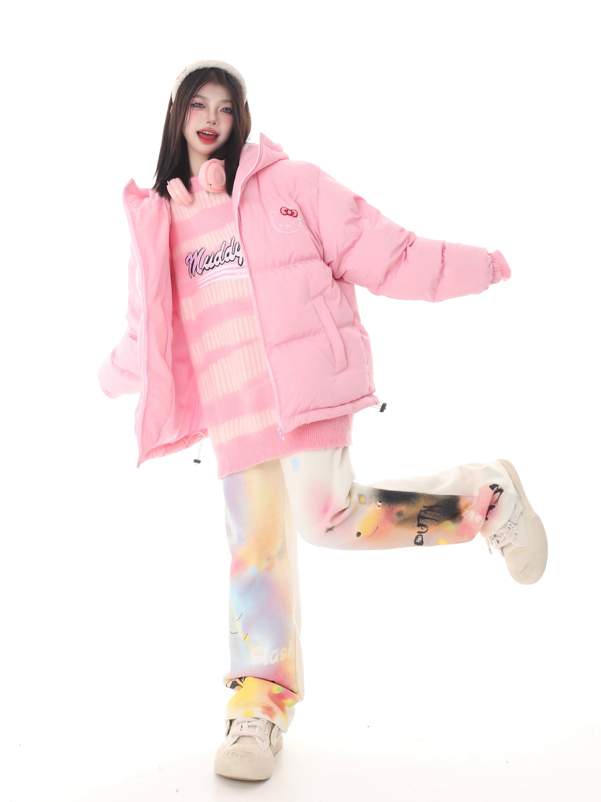 Pink White Blue Cartoon Kitty Cat Winter Thick Padded Puffer Jacket ...