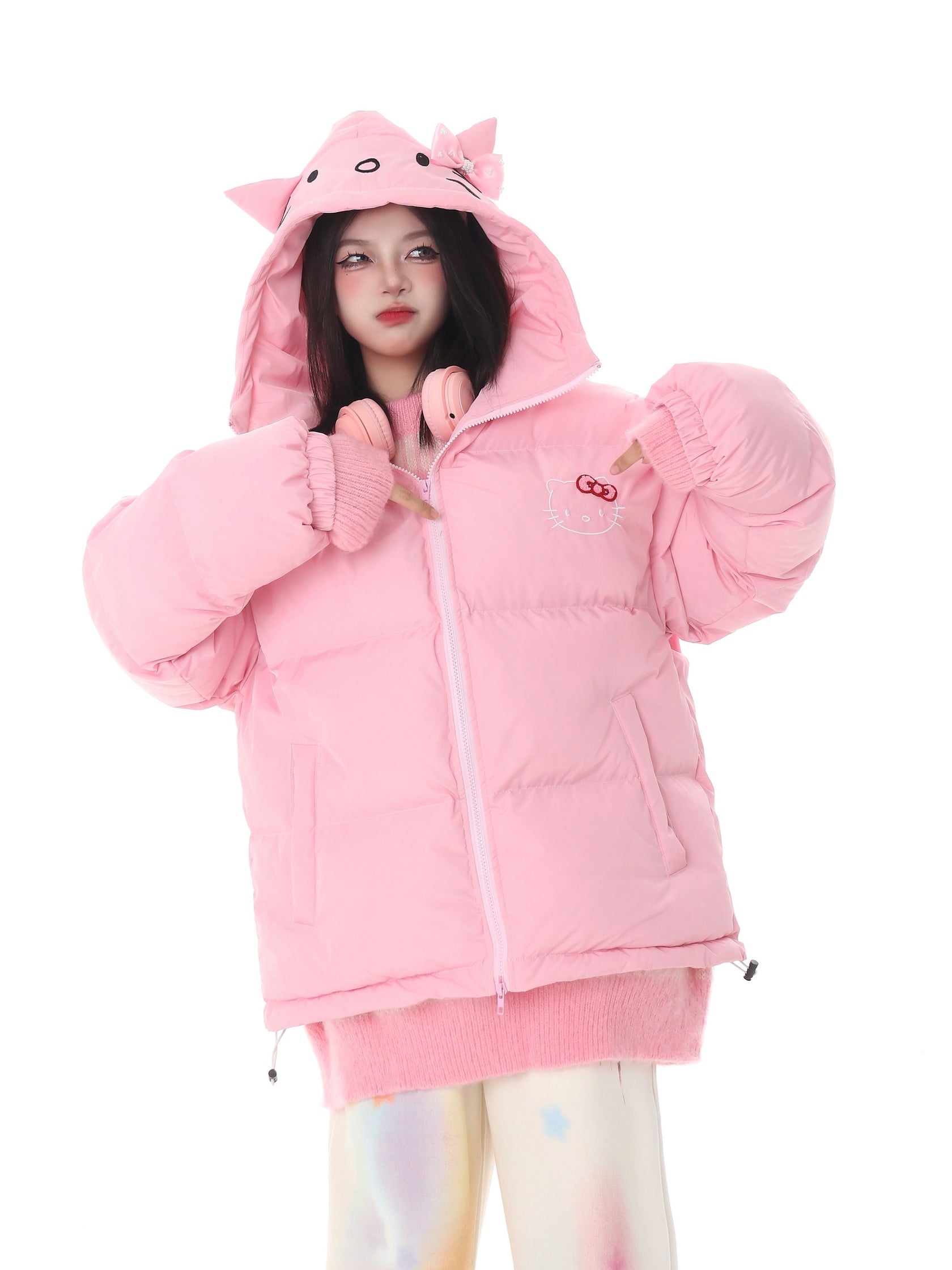 Pink White Blue Cartoon Kitty Cat Winter Thick Padded Puffer Jacket ...