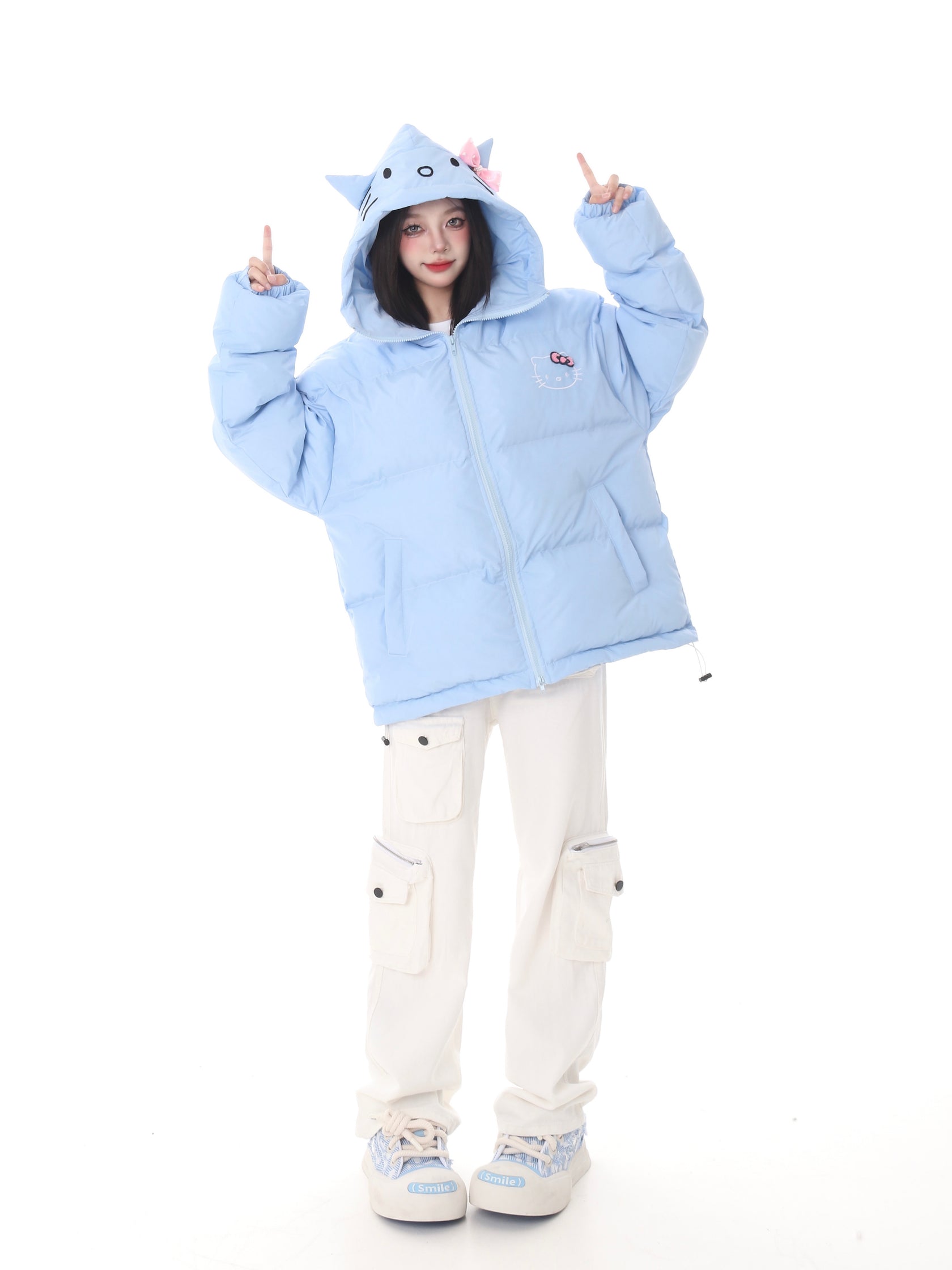Pink White Blue Cartoon Kitty Cat Winter Thick Padded Puffer Jacket ...