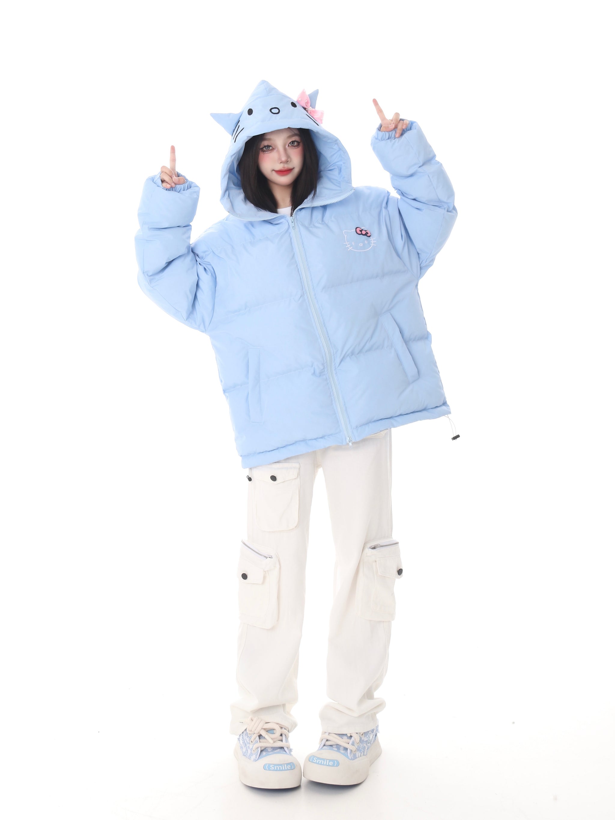 Pink White Blue Cartoon Kitty Cat Winter Thick Padded Puffer Jacket ...
