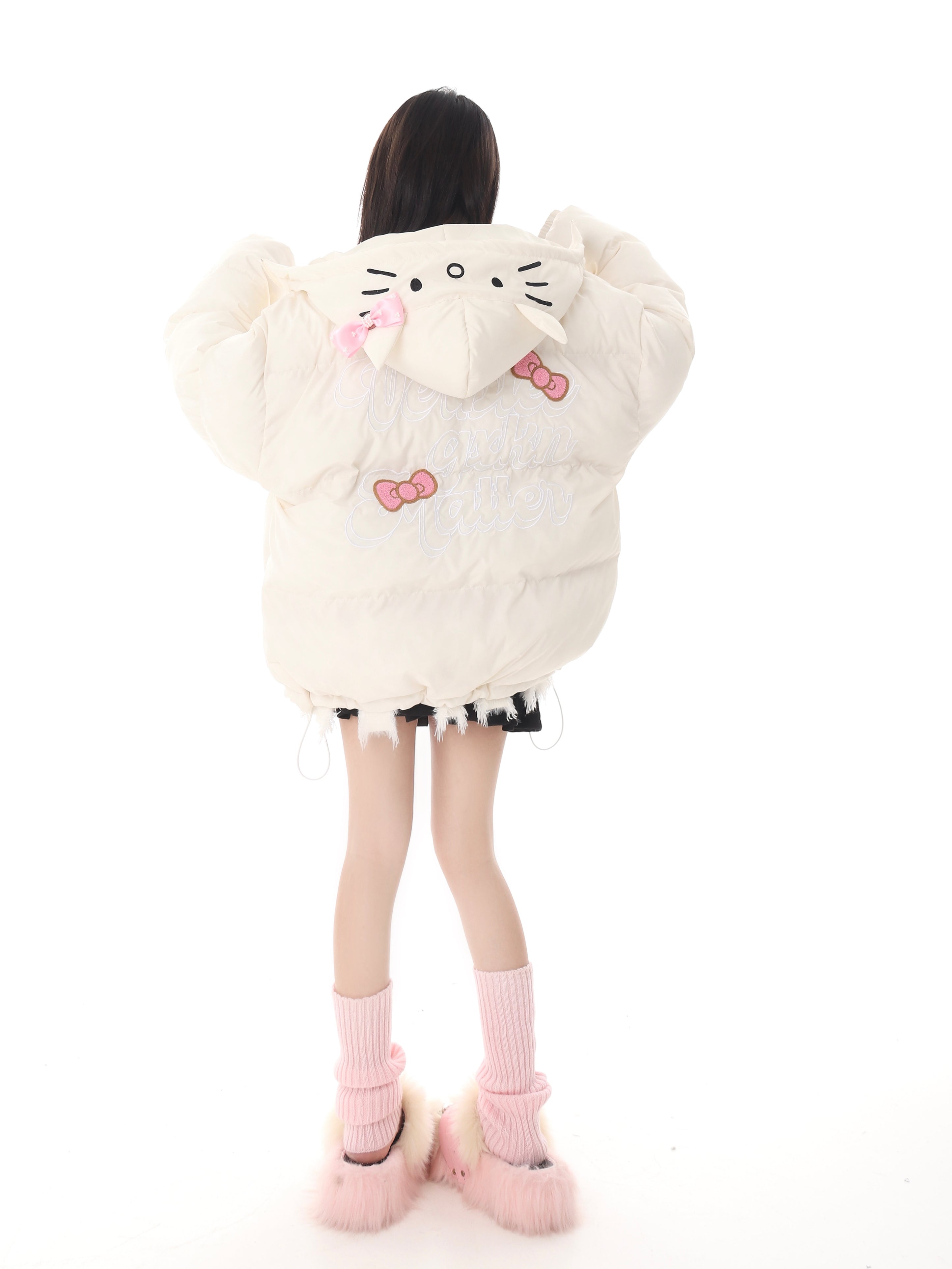 Pink White Blue Cartoon Kitty Cat Winter Thick Padded Puffer Jacket ...
