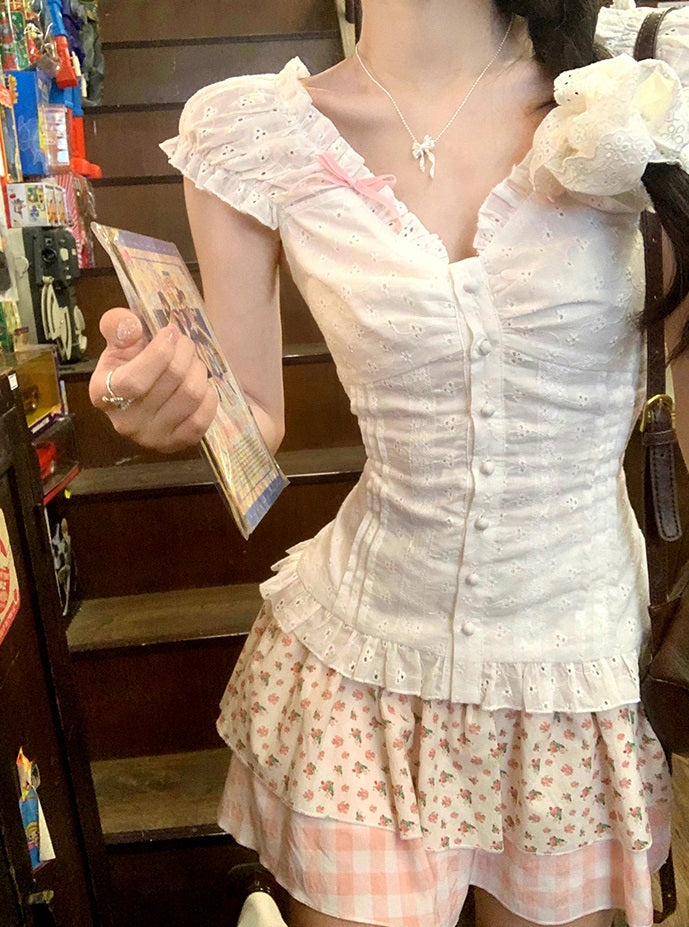 Creamy Cute Dreamcore White Top & Pink Skirt Two Piece Set – Sugarplum Store